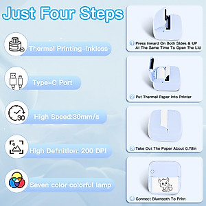 Mini Printer Sticker Printer Print Pod with 6 Rolls Sticker Paper, Seven Color Lighting Modes for DIY Scrapbook, Travel, Notes, Label, Memo, Compatible with iOS&Android