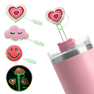 KikiAvenue 3 Piece Glow In The Dark Straw Covers Compatible With Stanley 30 & 40oz Tumbler Cups, Unique Heart, Cloud and Smiley Face Light Up Design Perfect For 9.5-10MM Straws