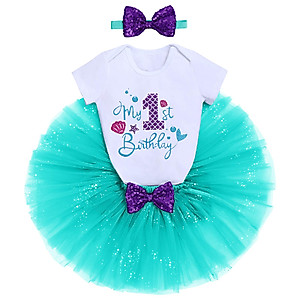 Mermaid 1st Birthday Outfit Baby Girl My First Birthday Cake Smash Photo Shoot Romper Little Shiny Mini Tutu Skirt Headband Wild One Year Old Summer Nautical Ocean Themed Birthday Party Supplies Green