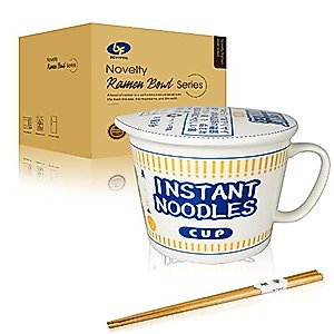 BF BEVYFOG Ramen Bowl Set with Chopsticks 32 OZ Large Ceramic Instant Ramen Noodle Bowls with Lid Gift Wrap Cute Japanese Soup Bowl with Handle, Microwave Safe (Blue)