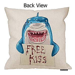 HGOD DESIGNS Shark Pillow Case,Funny Animal Blue Shark Holding Bloody Free Kiss Sign Cotton Linen Polyester Decorative Home Decor Sofa Couch Desk Chair Bedroom 16x16inch