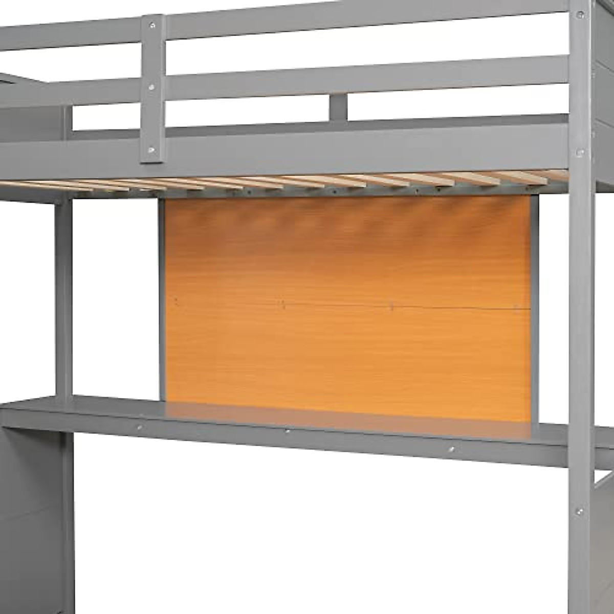 Lifeand Twin Size Loft Bed with Desk and Writing Board, Wooden Loft Bed with Desk,Gray