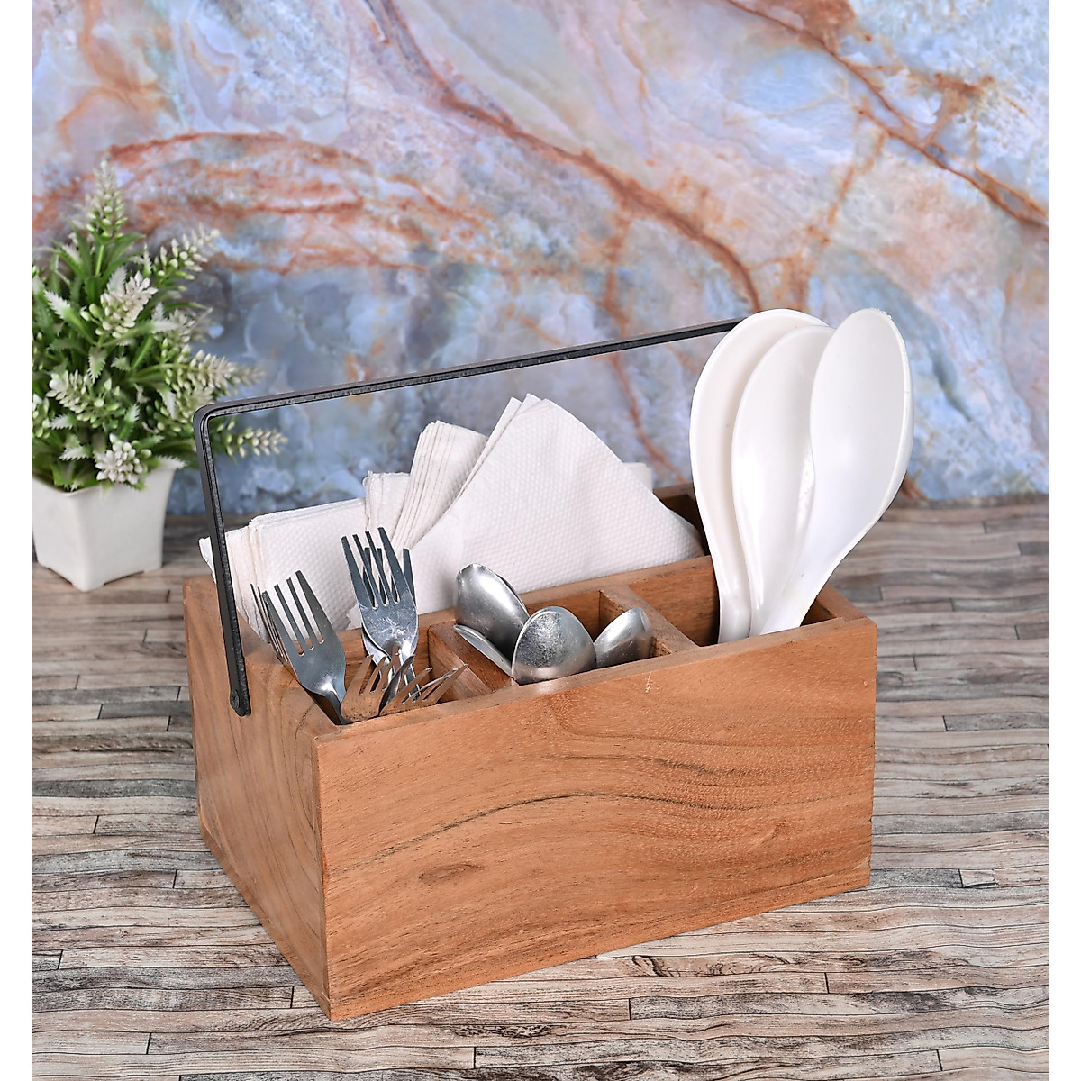 NIRMAN Acacia Silverware Flatware Organizers with Handle for Farmhouse Kitchen Decor, Countertop Organizer and Cookware Storage (9" x 6" x 4.5")
