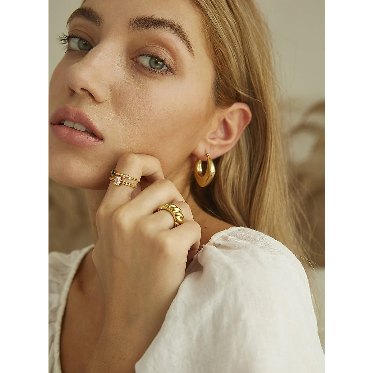 PEARLADA 18k Gold Stacking Diamond Ring Set, 2PCs Emerald-cut Cubic Zirconia Ring, Open Simple Adjustable Rings Aesthetic