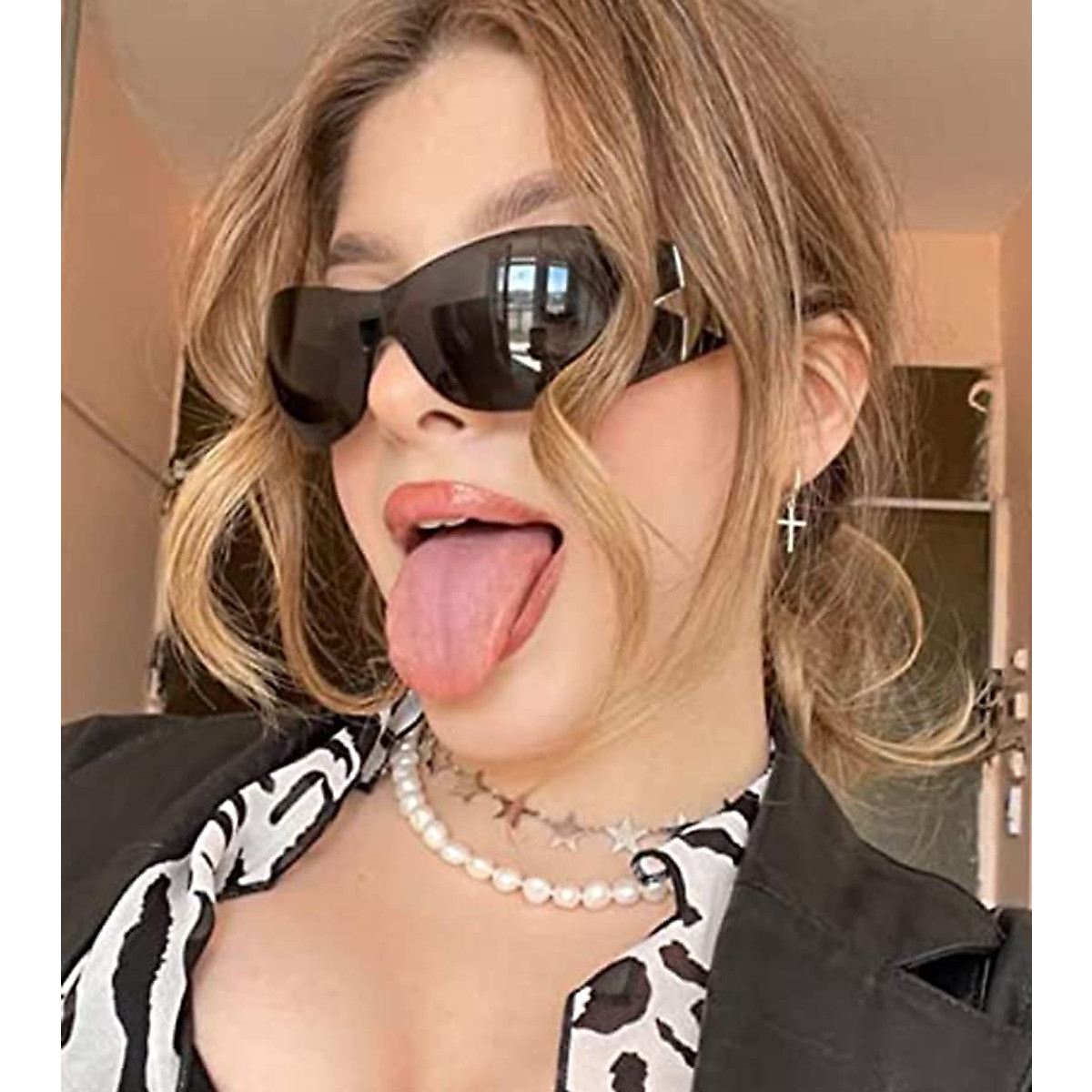 NULOOQ Rimless Y2K Sunglasses for Women Men – Trendy Star Shield Wrap Around Sunglasses Oversized Frameless Sun Glasses (Black/Gray)