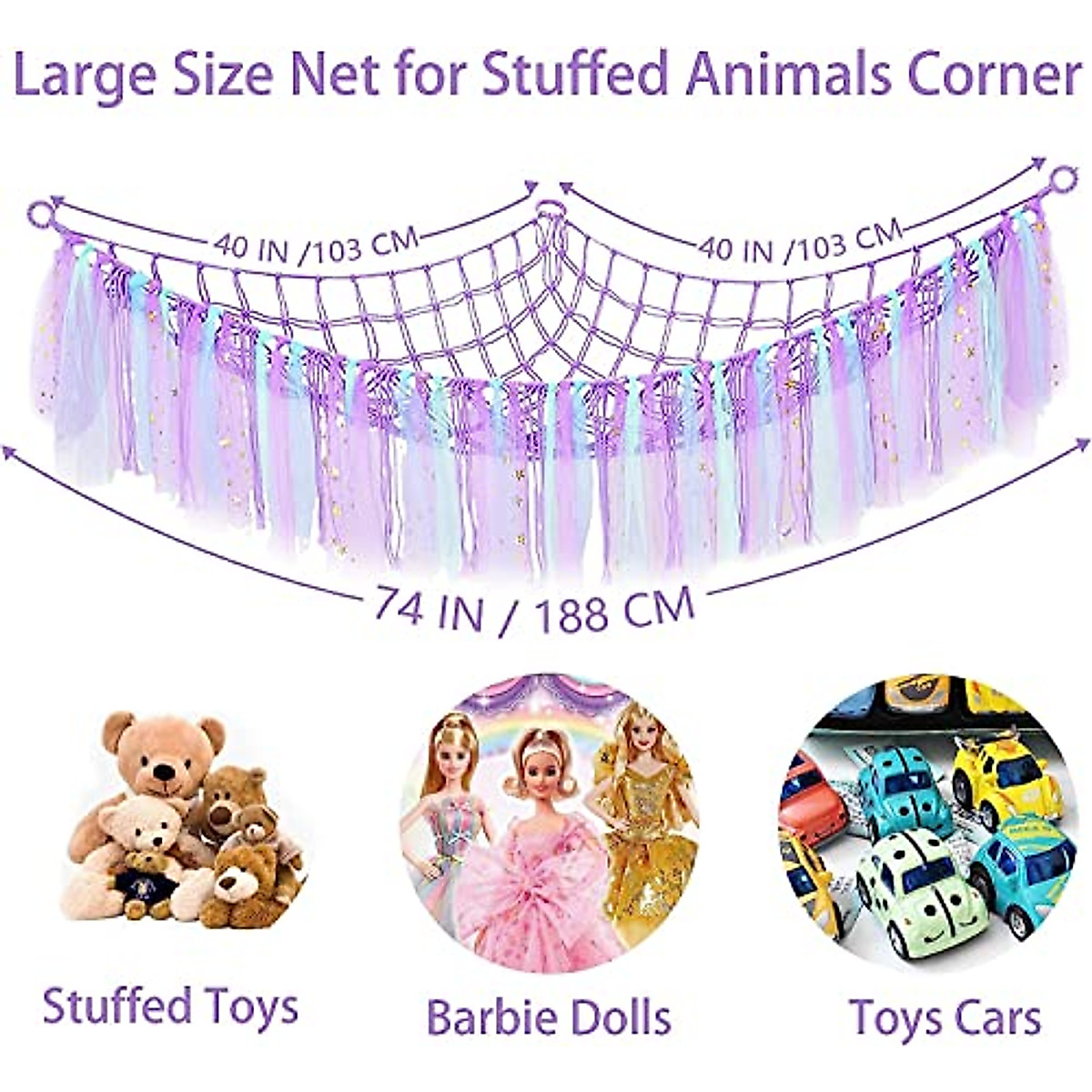 Stuffed Animal Hammock, Stuffed Animal Storage Net, Hanging Plush Net Hammock for Dolls, Toy Hammock Holder Boho Wall Corner Hammock Organizer inc Hooks, Stuffed Animal Toy Bags & Nets (Purple)