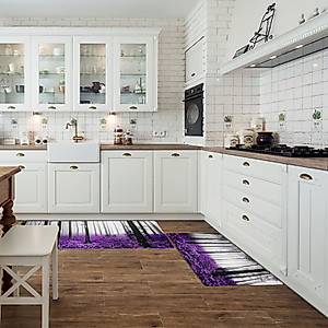 LEOSUCRE Purple Forest Landscape 2 Pieces Kitchen Mat Set Indoor Doormats with Rubber Backing, Wild Leaves Absorbent Memory Foam Runner Rugs Standing Mats for Doorway/Kitchen/Bathroom