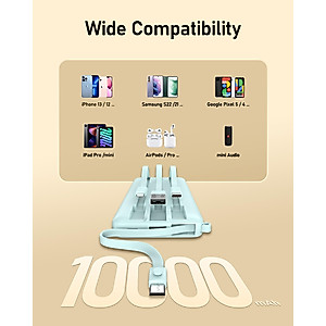 VEEKTOMX Portable Charger with Built-in Cables - 10000mAh Power Bank for iPhone - Slim Fast Charge USB C Battery Pack - Small Travel Essentials Powerbank, Compatible with iPhone, Samsung, Android, etc