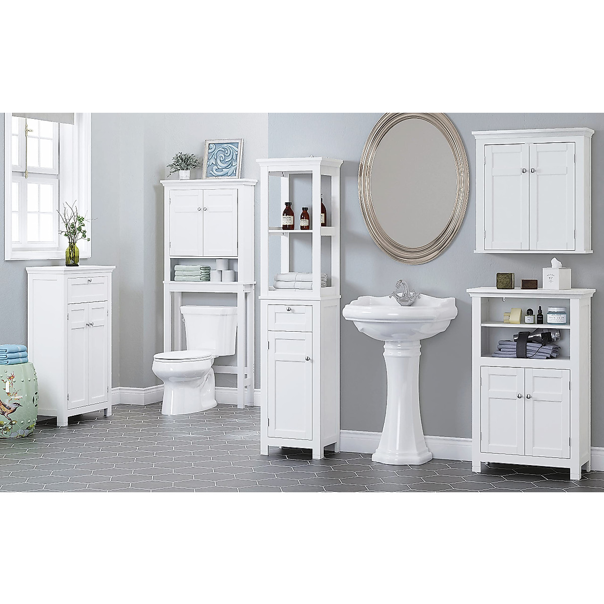 Spirich Home Bathroom Freestanding Storage Cabinet with Two Tier Open Shelves, Tall Slim Cabinet with Door and Drawer, Floor Linen Tower (White)