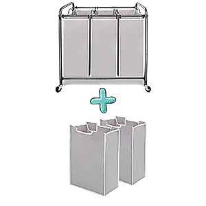 STORAGE MANIAC 3 Section Laundry Sorter Rolling Laundry Hamper Laundry Basket with Wheels and Laundry Sorter Replacement Bag 2 Pack
