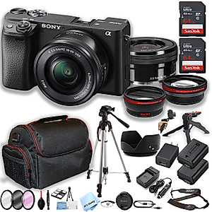 Sony a6400 Mirrorless Camera with16-50mm Zoom Lens + 2pcs 64GB Memory + Case+ Tripod + Steady Grip Pod + Filters + Macro + 2X Lens + 2X Batteries + More (32pc Bundle)