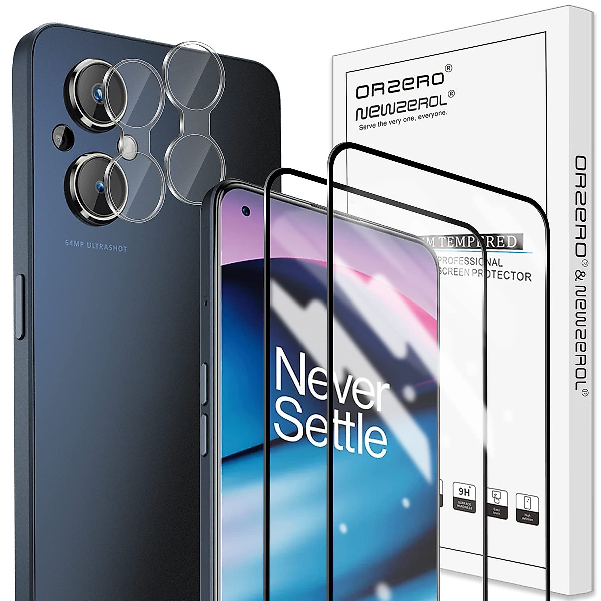 Orzero (2+2) Compatible for OnePlus Nord N20 5G, 2 Pack Screen Protector + 2 Pack Camera Lens Protector, Full Adhesive High Definition Bubble Free Anti-Scratch