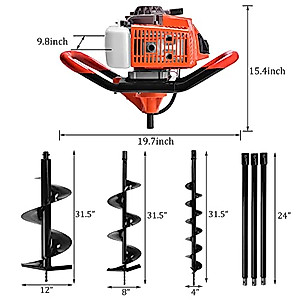 72CC Auger Post Hole Digger, 3KW 2 Stroke Post Hole Auger Gas Powered with 3 Auger Drill Bits(4" & 8" & 12") + 3 Extension Rods for Farm Garden Plant