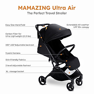 MAMAZING Lightweight Baby Stroller with Organizer, Ultra Compact & Airplane-Friendly Travel Stroller, One-Handed Folding Stroller for Toddler, Only 11.5 lbs, Coal
