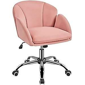 Yaheetech Cute Velvet Desk Chair for Home Office, Makeup Vanity Chair with Armrests for Bedroom Modern Swivel Rolling Chair for Women Pink