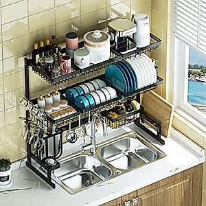 PUSDON Over Sink Dish Drying Rack (34"-45") 3 Tier, 2 Cutlery Holders Adjustable Dish Drainer for Kitchen Storage Countertop Organization, Stainless Steel Space Save Shelf (Sink Size≤44inch, Black)
