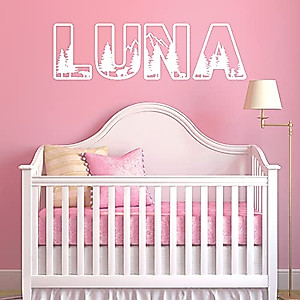 Forest Bear Custom Name Vinyl Wall Decal Sticker Art for Boys and Girls, Mountain Trees Woodland Theme Bedroom and Nursery Room Decor for Kids