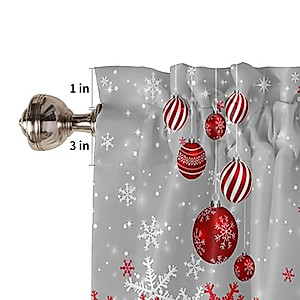 Red Christmas Balls Kitchen Curtain Tier Curtains 24 Inch Long 2 Panels Set, Rod Pocket Window Curtain Drapes Cafe Window Treatments for Living Room Bedroom Romantic Winter Snowflakes Grey Backdrop