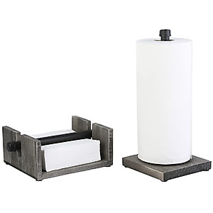 MyGift 2 Piece Rustic Gray Wood and Industrial Metal Kitchen Countertop Paper Towel Holder and Flat Napkin Holder with Weighted Arm