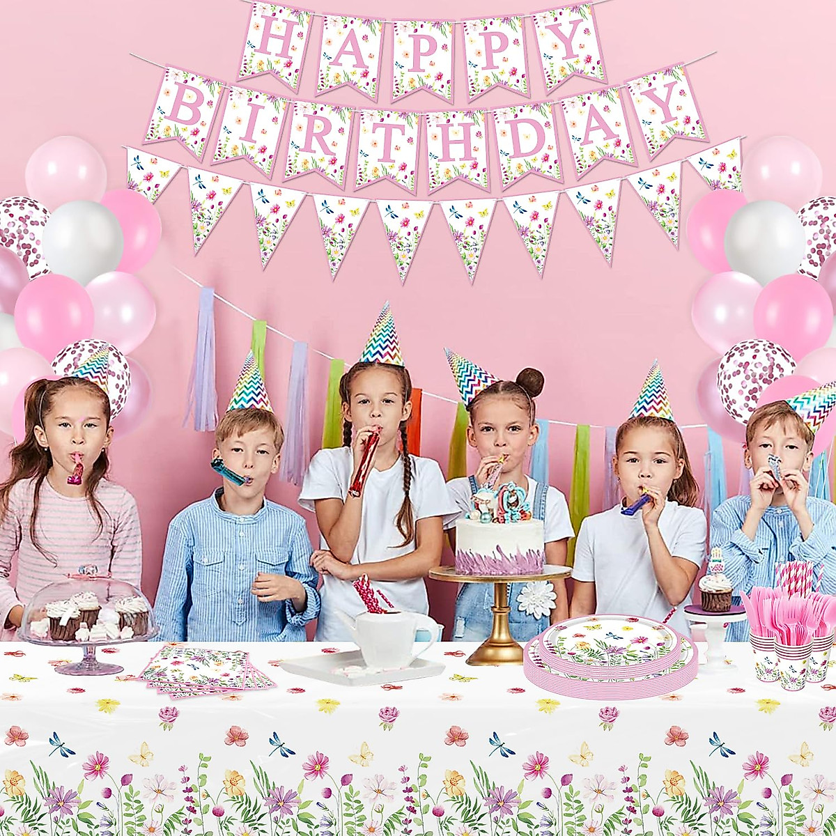 225 Pack Spring Wildflower Party Decorations Floral Tableware Plates Balloons Decorations Wildflower Dinnerware Party Favor for Birthday Baby Shower Bridal Shower Garden Tea Party Serves 20