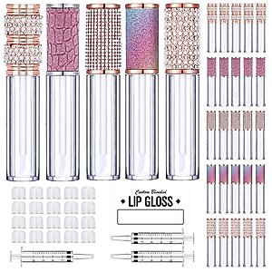 AMORIX 25 Pack Diamond Lip Gloss Tubes with Wand 5ml Empty Rhinestone Lip Gloss Containers Cute Lipgloss Bottles Crystal Lip Gloss Supplies Kit + 2pcs Syringes + Labels for DIY Lip Gloss Base