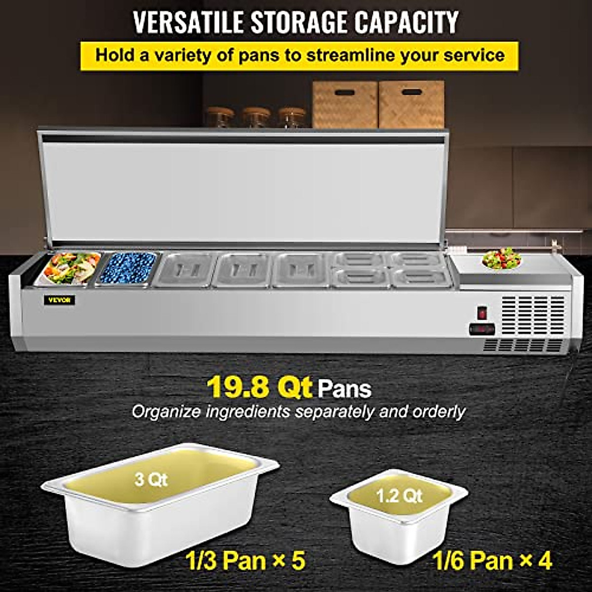VEVOR Refrigerated Condiment Prep Station, 71-Inch, 19.8Qt Sandwich/Salad Prep Table with 5 1/3 Pans & 4 1/6 Pans, 150W Salad Bar with 304 Stainless Body and Cover Temp Adjuster One-Click Defrosting