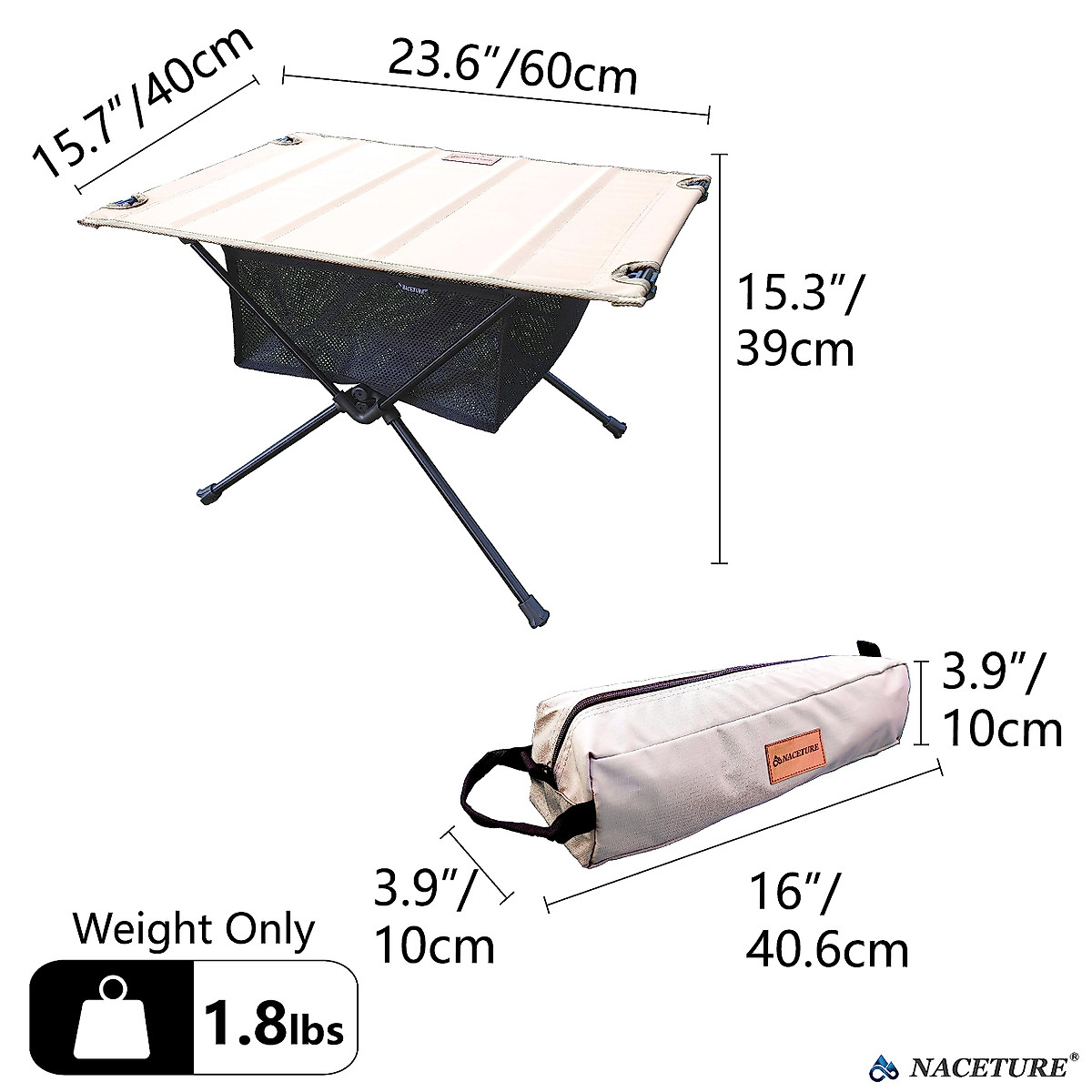 NACETURE Camping Table with Folding Legs and Mesh Storage Basket for Food, Coffee, or Camp Grill Accessories, Lightweight and Portable for Outdoor, Backpacking, Hiking, and Travel
