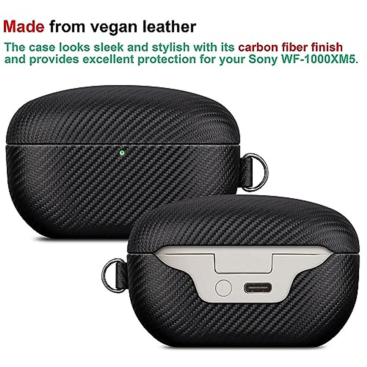 LOPIE Case Compatible with WF-1000XM5, Carbon Fiber Style Vegan Leather Case Designed for Sony Earbuds WF1000XM5 Case Cover (2023), Protective Cover with Lanyard for Women/Men- Black