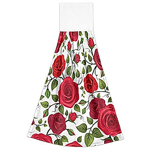 YYZZH Red Rose Flower with Green Leaf Floral Print Valentines Day Design Kitchen Hand Towels with Hook & Loop Set of 2 Absorbent Bath Hand Towel Hanging Tie Towel