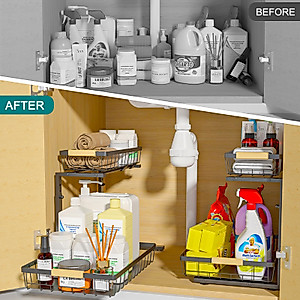 Under Sink Organizer and Storage 2 Pack Height Adjustable Pull Out Cabinet Drawers Organizer 2 Tier Metal Slide Out Sink Shelf Cabinet Storage Shelves for Kitchen Bathroom Cabinet, Black