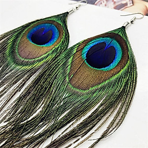 Long Feather Earrings Multicolor Tassel Feather Earrings Handmade Boho Bohemian Peacock Feather Hook Earrings for Women Jewelry-without bead
