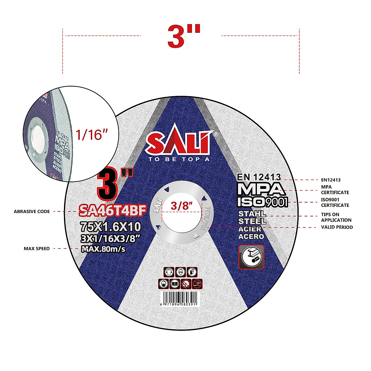SALI 25 Pack Cut Off Wheels 3 Inch General Purpose Metal Cutting Wheel for 3 in Angle Grinders and Die Grinders- Cutting Disc Aggressive Cutting 3" x 1/16" x 3/8" Operating Up to 25000 RPM and 80 M/S