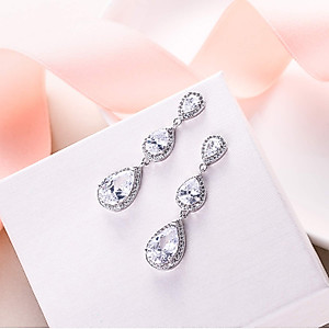 EVER FAITH Women's Cubic Zirconia Elegant Bride Bridesmaids 3 Teardrop Dangle Earrings Clear Silver-Tone