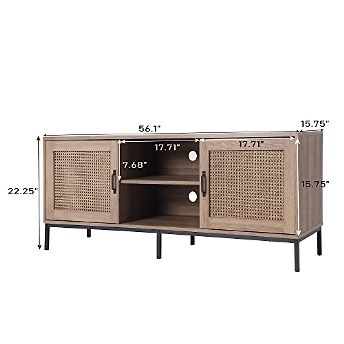 BIRASIL Industrial TV Stand, Wood TV Cabinet with Rattan Doors, Entertainment Center with Storage, Rustic Television Stands for TVs up to 60 inch for Living Room (Natural Oak, 56 Inch)