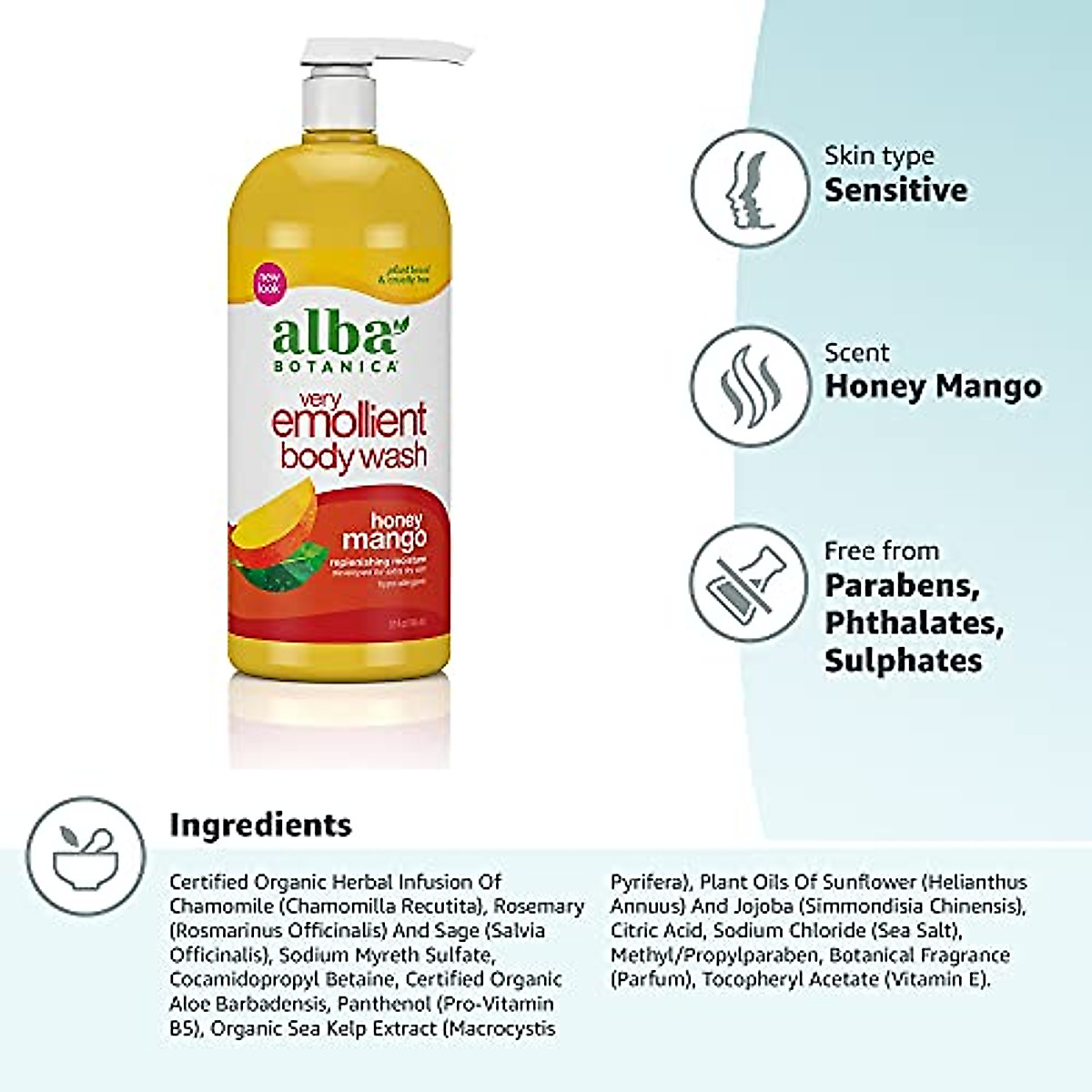 Alba Botanica Very Emollient Body Wash, Honey Mango, 32 Oz