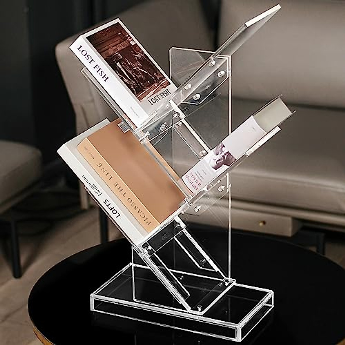 Aizesuro Tabletop Acrylic 3-Tier Standing Tree Bookshelf, CDs/Movies/Books Storage Rack, Organizer Bookcase Shelves for Home Office, Living Room, Bedroom