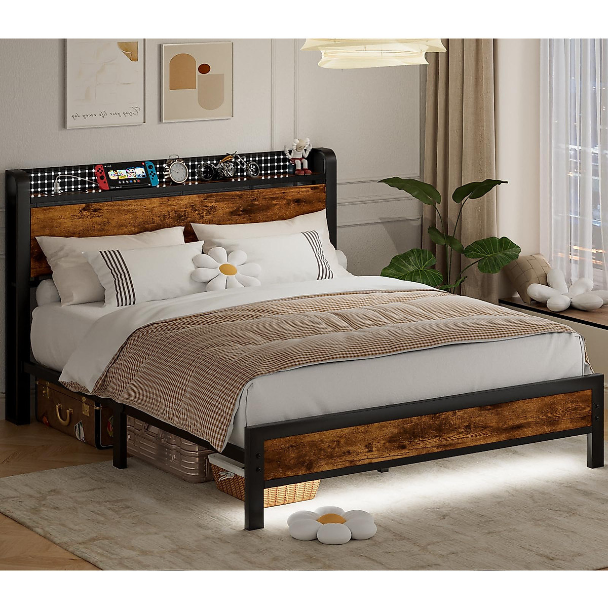 Furnulem Bed Frame Queen Size with Light,Industrial Storage Headboard with Power Outlet and USB Port,Wood Platform Queen Bed with Strong Metal Support,No Box Spring Needed,Silent