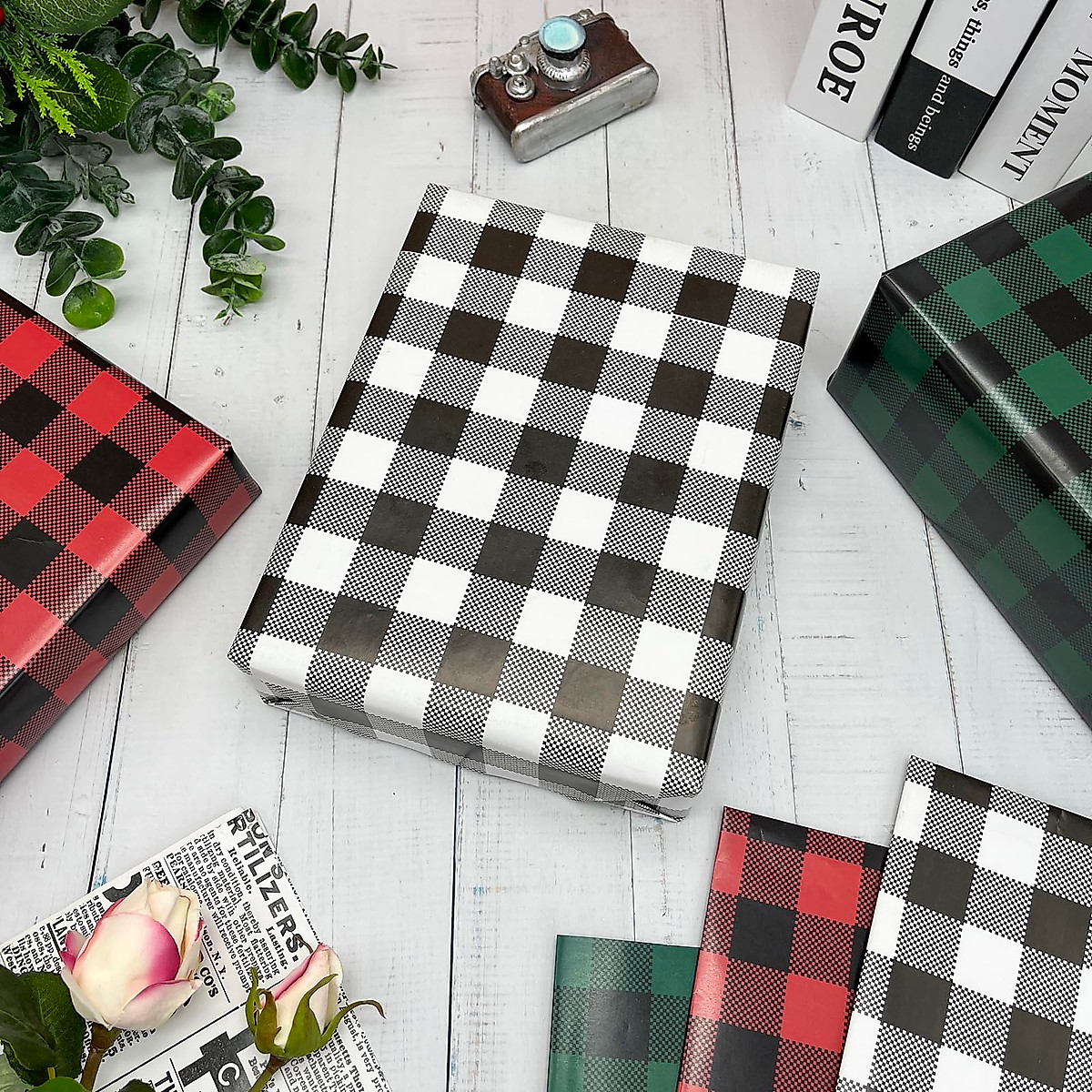 Dtiafu Christmas Plaid Wrapping Paper for Women Men Girls Boys - 12 Sheets Red Green Black Buffalo Plaid Gift Wrap for Holiday Birthday Wedding - 20 x 28 Inch Per Sheet Not Rolled