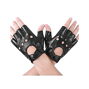 FLORVIV Black Fingerless Gloves PU Faux Leather Goth Cosplay Costume Punk Halloween Performance for Men