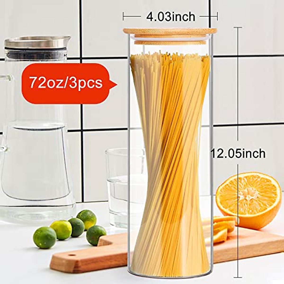 BGraceyy Glass Jars with Bamboo Lids, 72 oz 3 Pcs Kitchen Glass Containers with Bamboo Lids, Airtight Glass Pantry Storage Containers with Lids for Spaghetti, Pasta, Rice, Nuts, Flour, Bean, Dry Foods