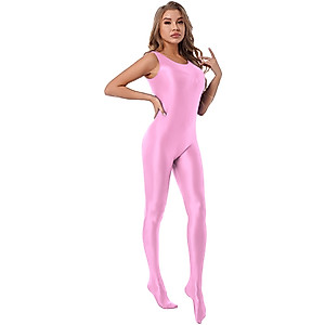Manyakai Women Glossy Athletic Sleeveless Tank Full Body Leotard Gymnastics Bodysuit Workout Yoga Costume Pink Medium