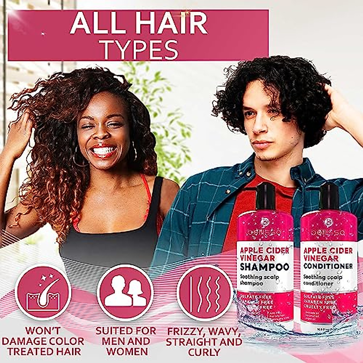 Apple Cider Vinegar Shampoo and Conditioner Set - Stop Flaky and Itchy Scalp – Sulfate Paraben Free Anti Dandruff Soothing Treatment for Dry, Oily and Damaged Hair - Intense Care for Women and Men