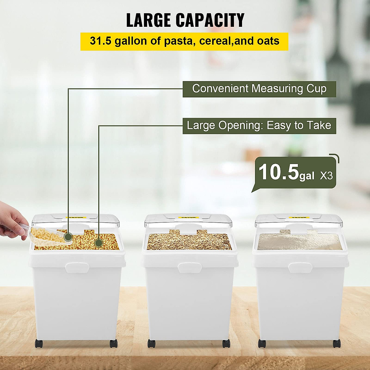 VEVOR Ingredient Bin, 10.5 Gallons Capacity Ingredient Storage Bin, PP Material Flour Bins On Wheels, White Shelf Ingredient Bin with Scoop and Sliding Lid, Commercial Storage Bins 3 Pcs/Set