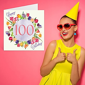 Stuff4 Beautiful 100th Birthday Cards for Women - Floral Watercolour Tulips Bouquet, 5.7 x 5.7 Inch, Blank Inside, Envelope Included, Forest Stewardship Council Certified