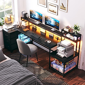 EnHomee 70.9" L Shaped Gaming Desk with Drawers Reversible L Shaped Computer Desk with Power Outlet & LED Lights Home Office Desk with Storage Shelves and Monitor Stand Corner Desk, Black Carbon Fiber