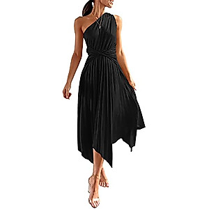 PRETTYGARDEN Women's Summer Long Satin Dress One Shoulder Sleeveless Ruched Twist Flowy Maxi Dresses (Black,Medium)