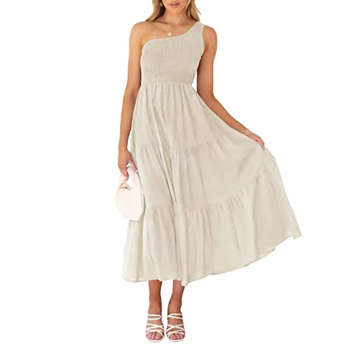 ZESICA Women's 2023 Bohemian Summer Floral Print One Shoulder Sleeveless Smocked Ruffle Tiered Beach Long Midi Dress,Beige,Large