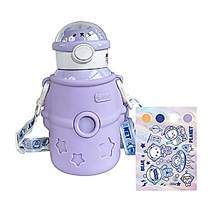 JQWSVE Kawaii Water Bottle Cute Stainless Steel with Straw and Stickers, Vacuum Insulated Cartoon Astronaut Thermos Carrier Holder for Boys Girls (500ml) Purple