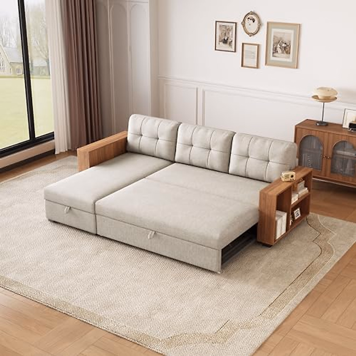 Tufted Upholstered Reversible Sectional Sofa Couch with Pull Out Bed, 3 Seater L Shaped Convertible Sleeper Corner Sofabed W/ Left & Right Chaise Lounge and Storage Shelves for Living Room,Office