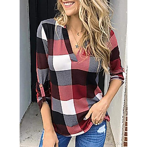 Dokotoo Women's Spring Summer Fall Fashion Casual Ladies Basic Cotton Cuffed 3/4 Long Sleeve Plaid Print V Neck Work Tops Tunic Shirts and Blouses for Women 2024 Red